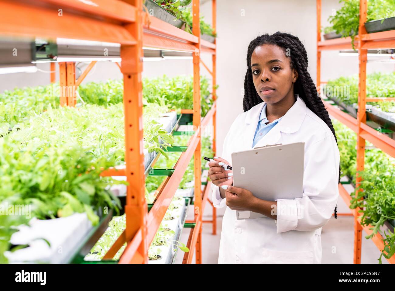 Young serious African female biologist looking at you while making ...