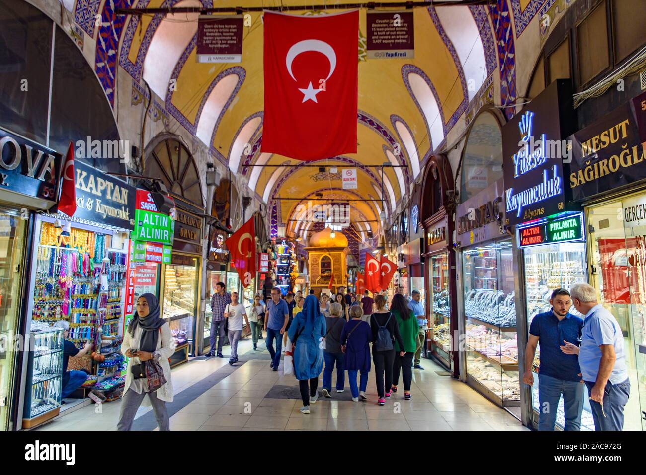 Shops inside Grand Bazaar in Istanbul, Turkey, one of the largest and ...