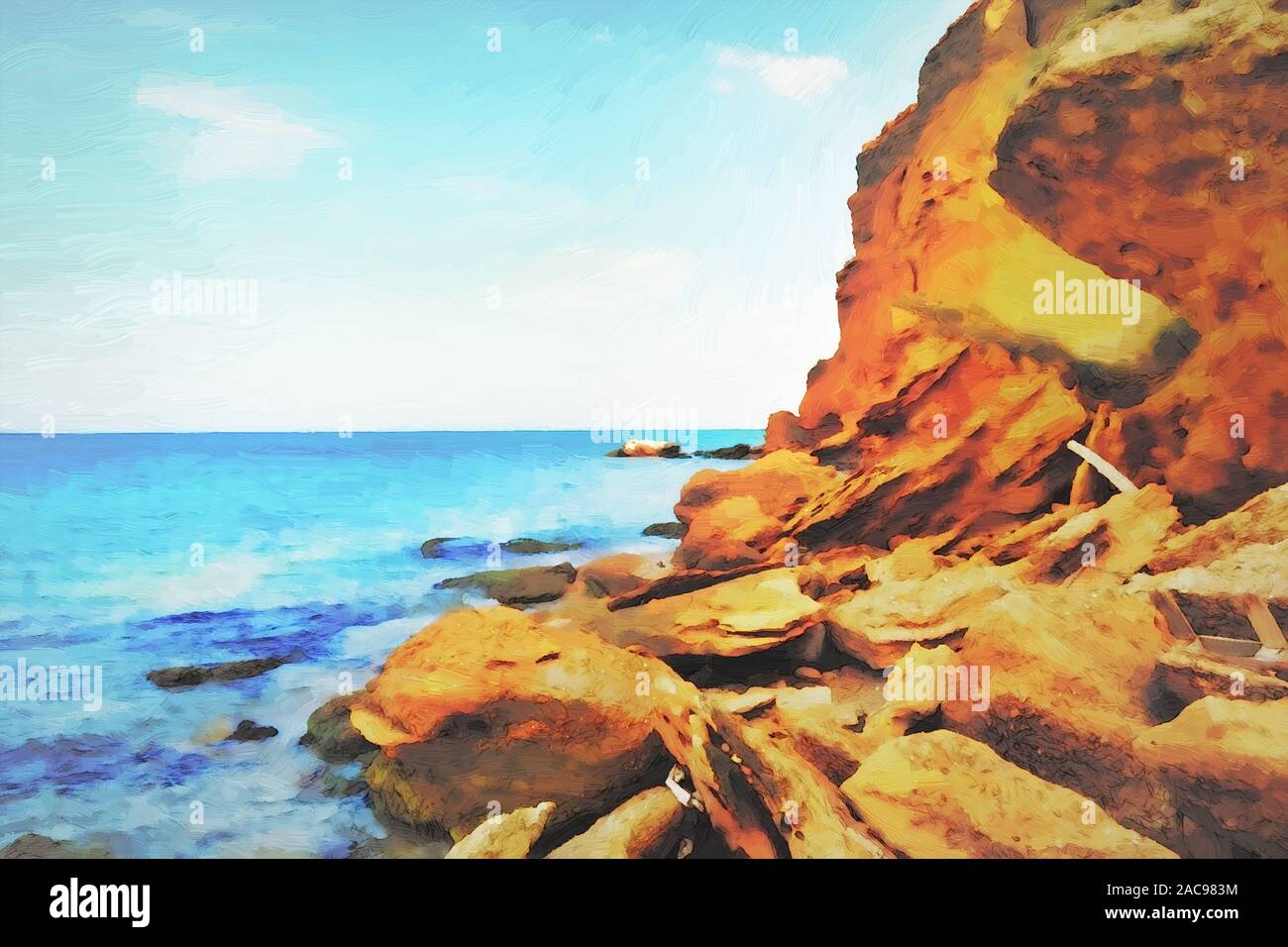 blue sea cliffs wild beaches high cliffsoil painting Stock Photo - Alamy