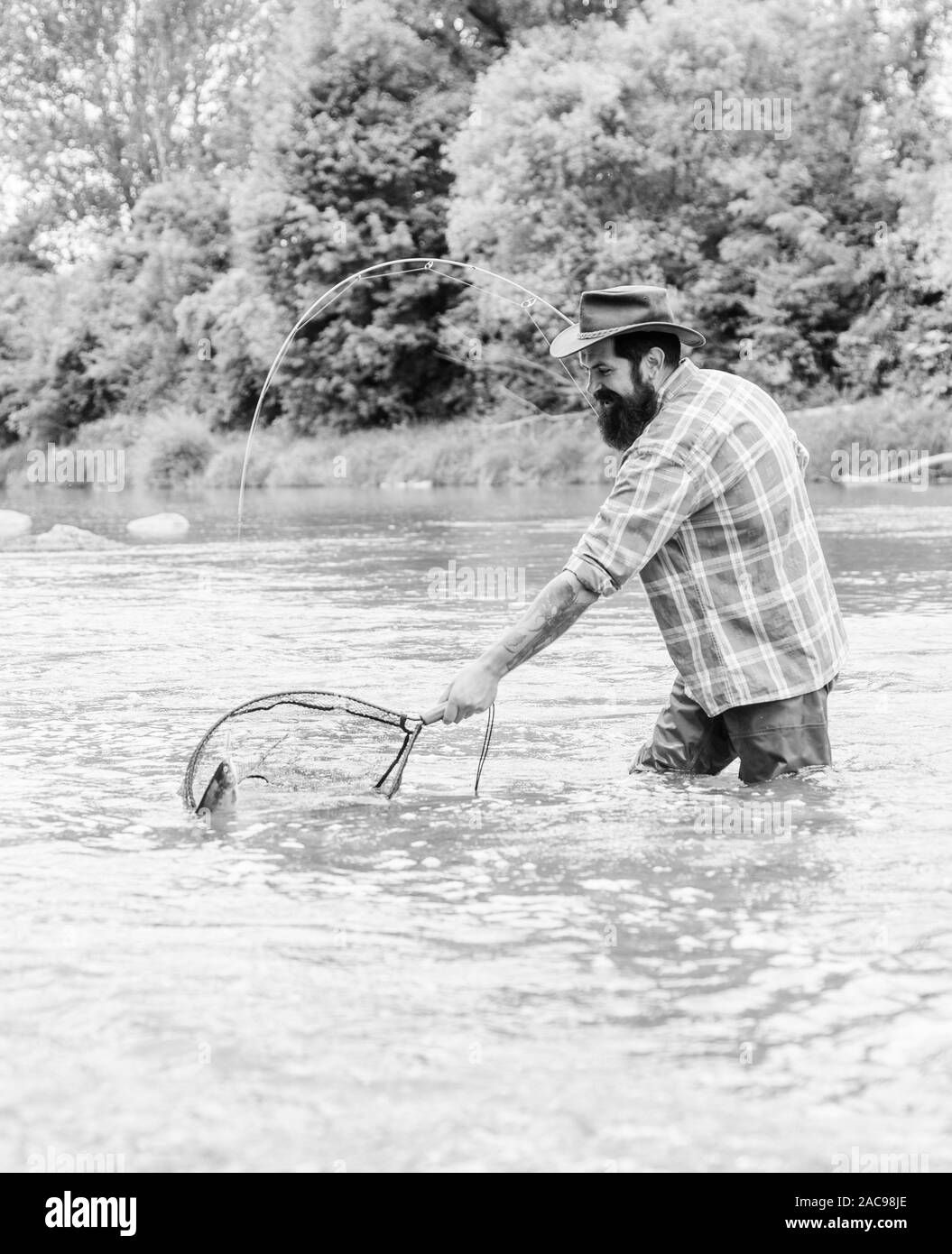 Bearded brutal fisher catching trout fish with net. Fishing is an ...