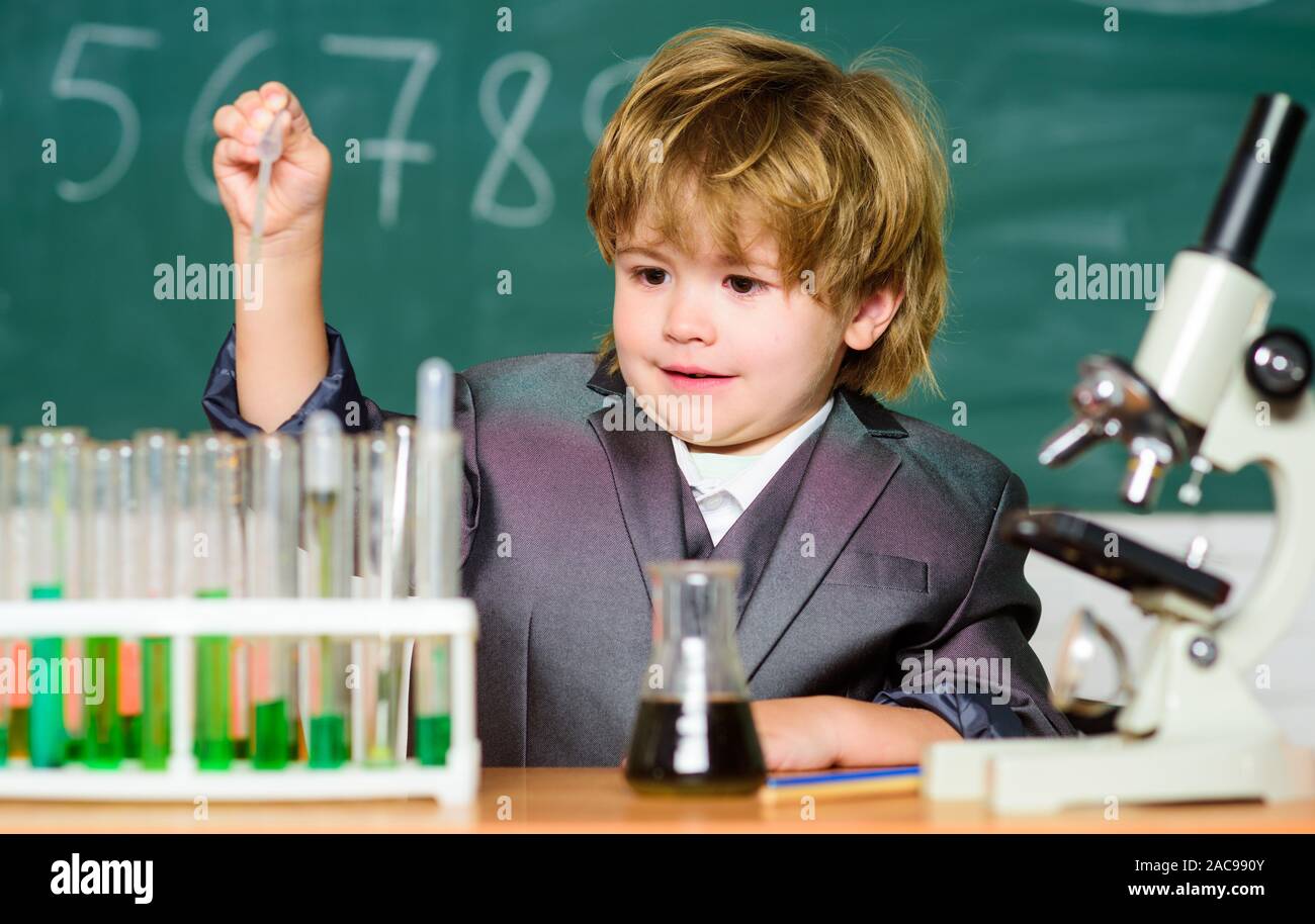 Biology school lab equipment. kid scientist studying science. Little ...