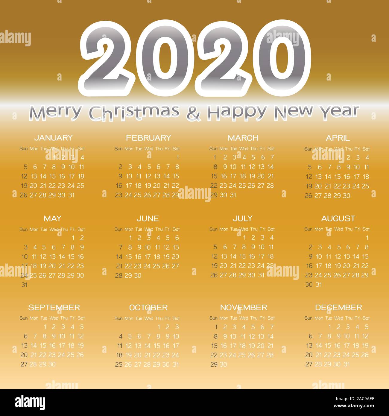 Merry christmas and happry new year 2020 calendar template, stock ...