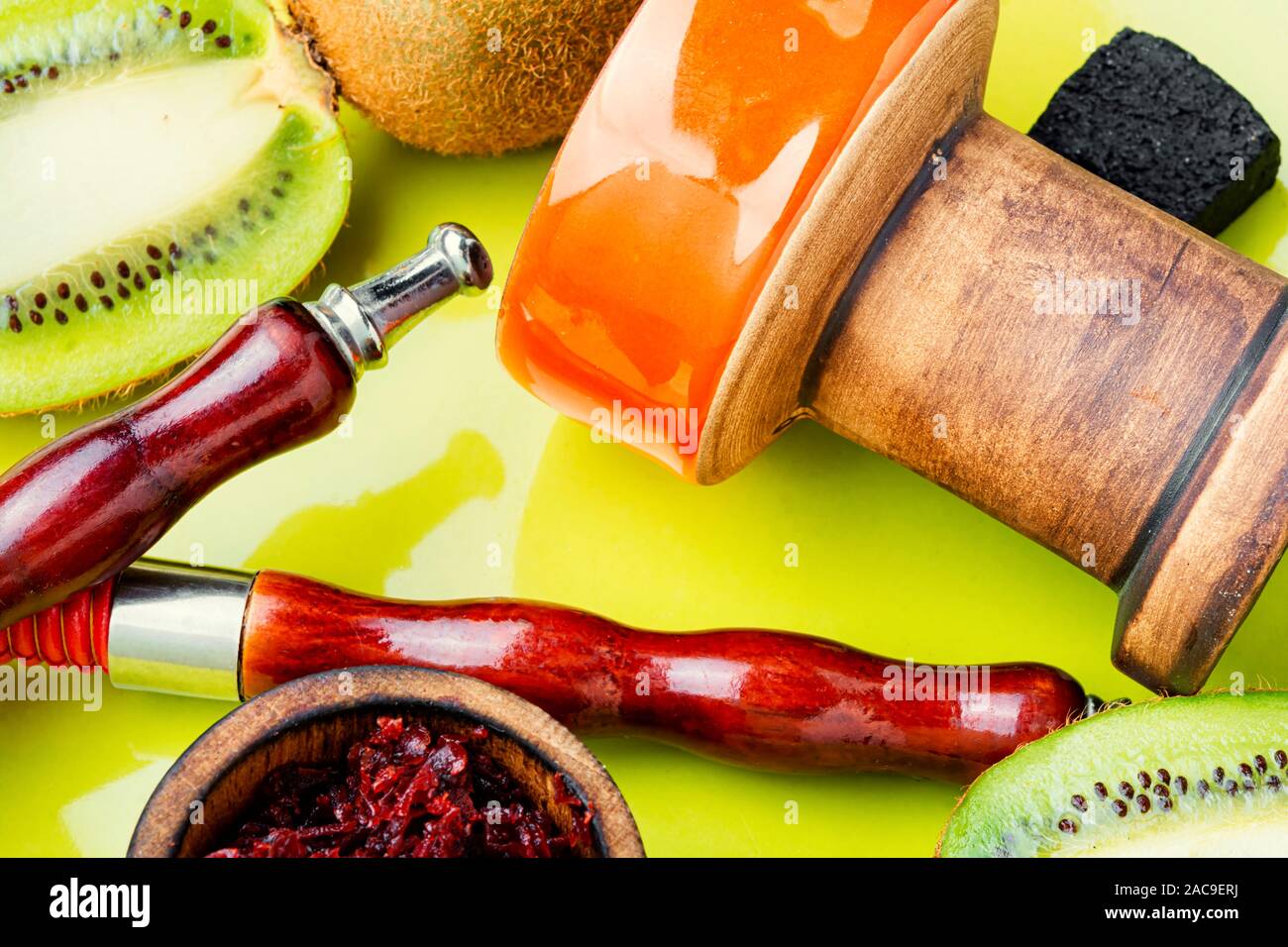 Arabic smoking hookah with taste of kiwi.Fruit shisha tobacco. Tobacco ...