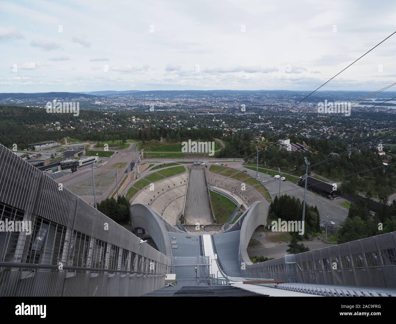 Scenic view of european Oslo city seen from ski jump in Holmenkollen ...