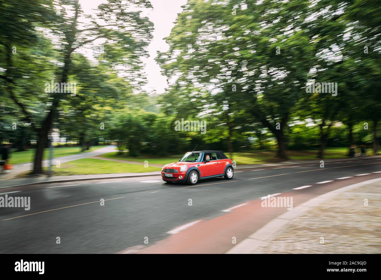 Oslo, Norway - June 24, 2019: Red Mini Cooper Fast Driving In City ...
