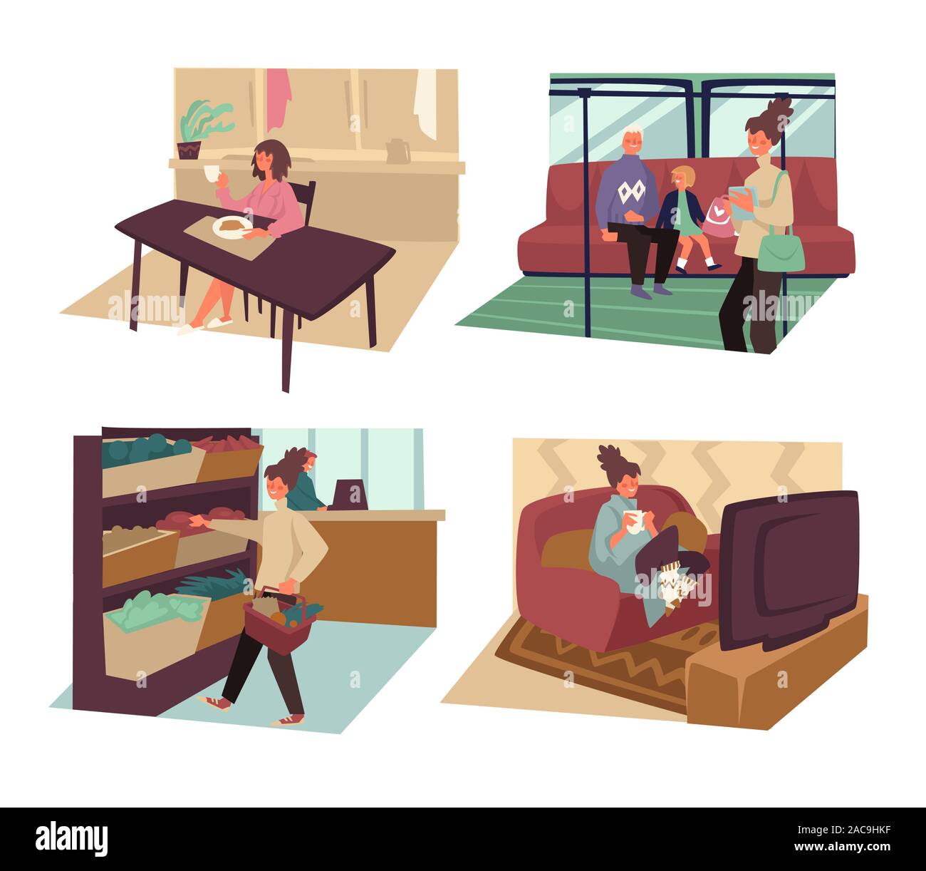 Daily routine and woman day isolated icons, shopping and going to work ...