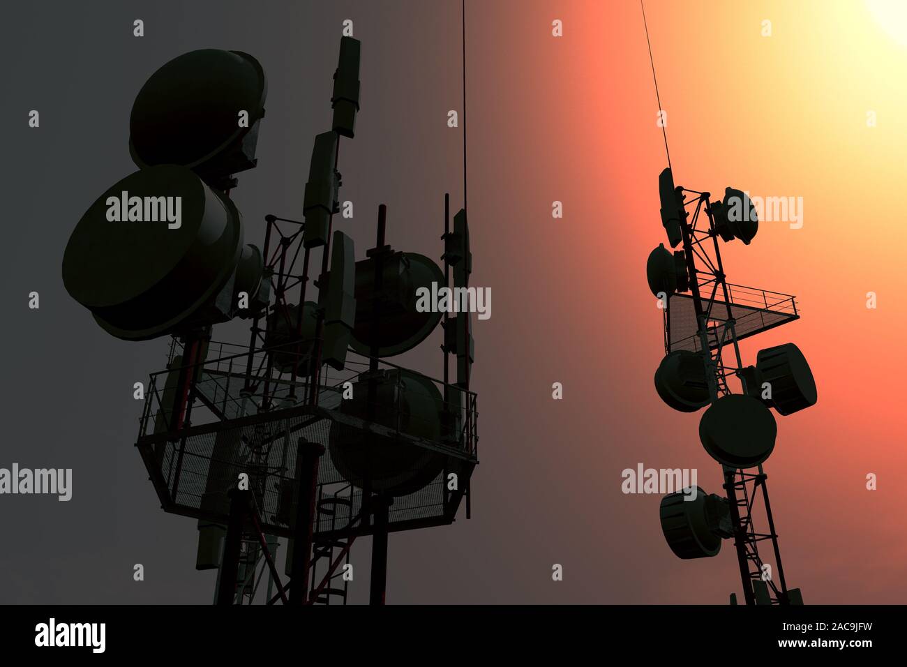 5G Telecommunication Tower in Sunset Sunrise 3D Illustration Stock ...