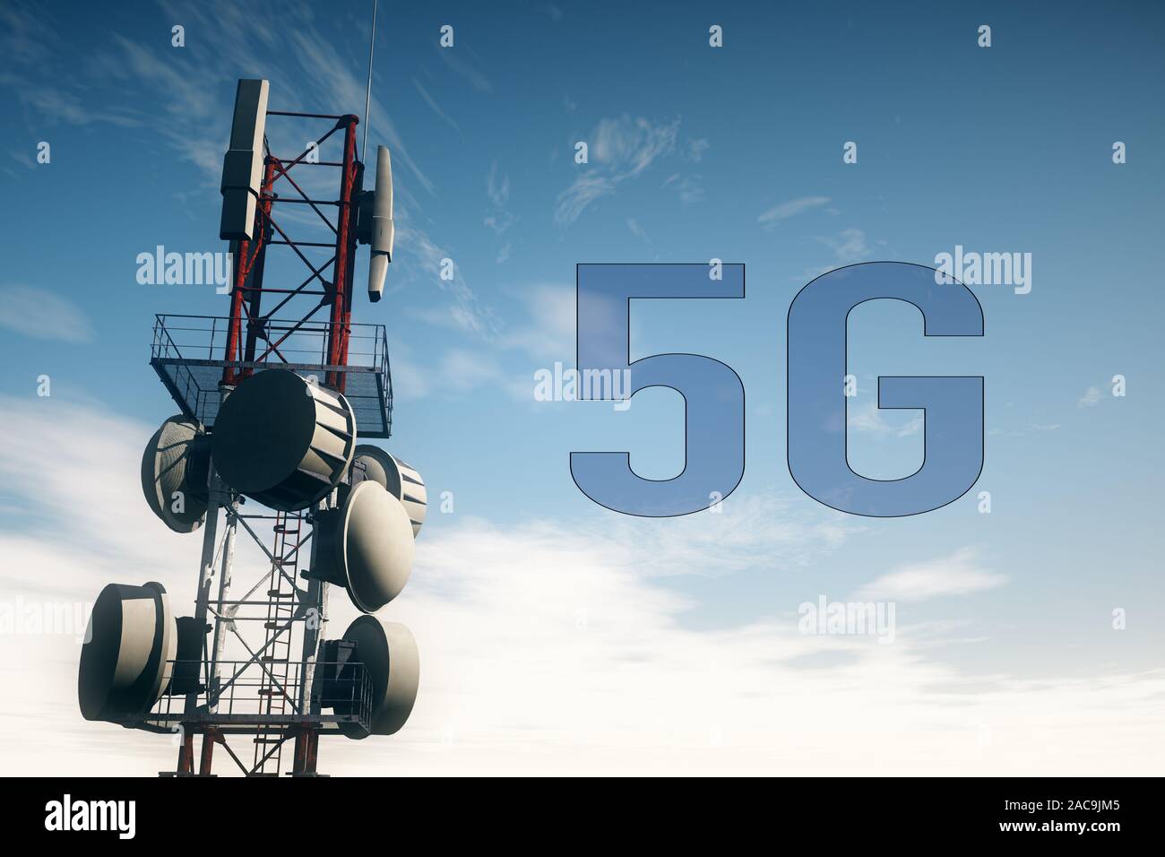 5G Telecommunication Tower under Blue Sky 3D Illustration Stock Photo ...