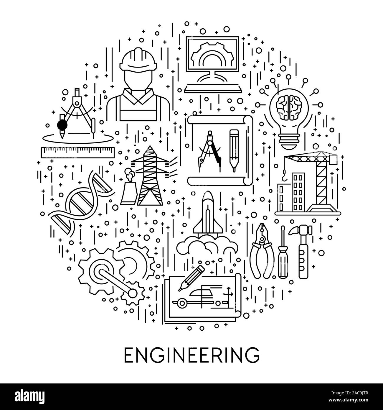 Building and science, engineering industries line icons on emblem or ...