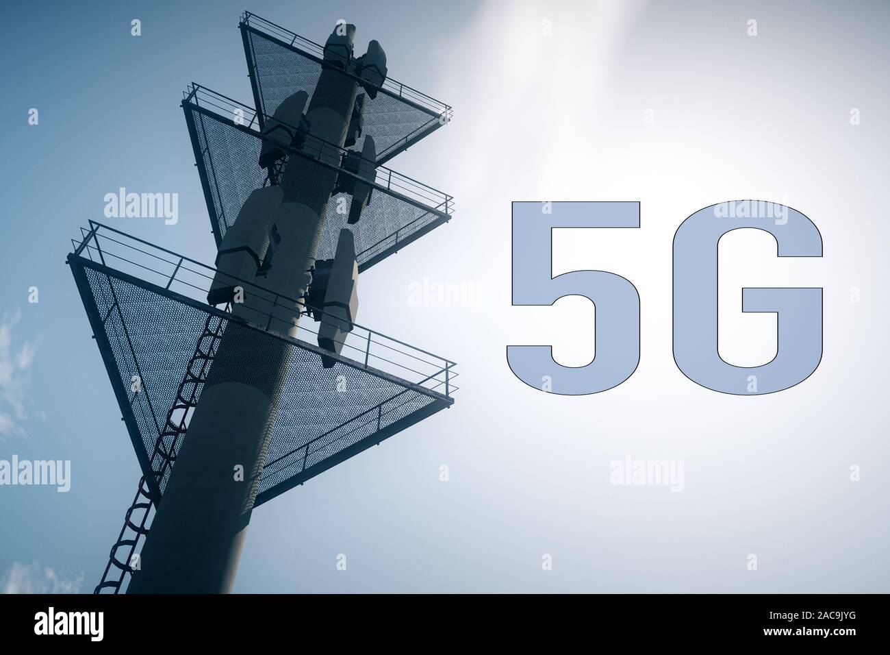 5G Telecommunication Tower under Blue Sky 3D Illustration Stock Photo ...