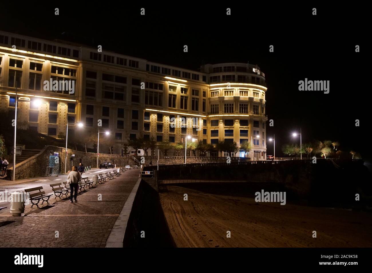 Seafront promenade, night View, Biarritz, Pyrénées-Atlantiques, France ...