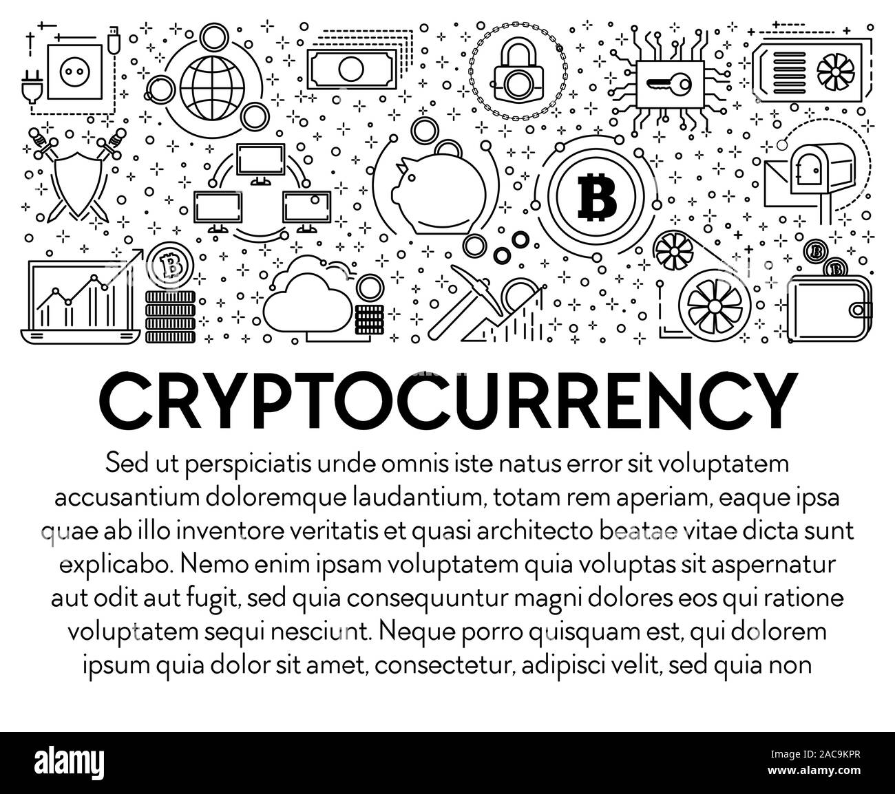 Cryptocurrency And Bitcoin Mining Blockchain System Line Icons Banner