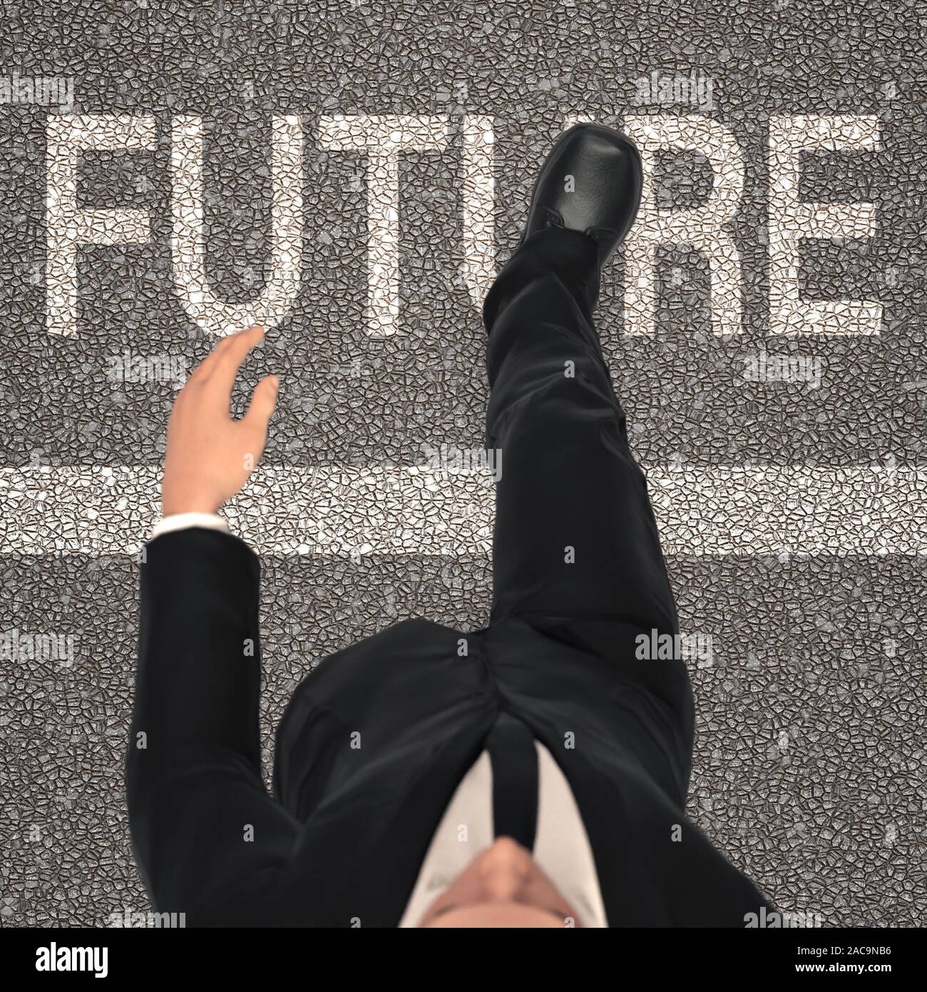 Step into the future concept with businessman walking past line on the ...