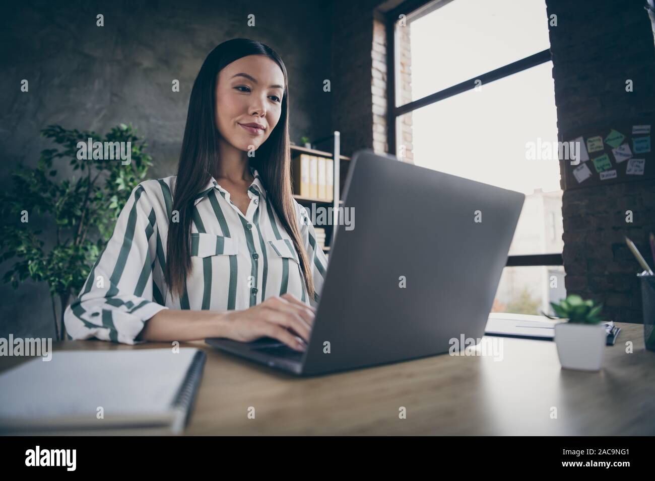 Photo of satisfied pleased cheerful business woman looking into screen ...
