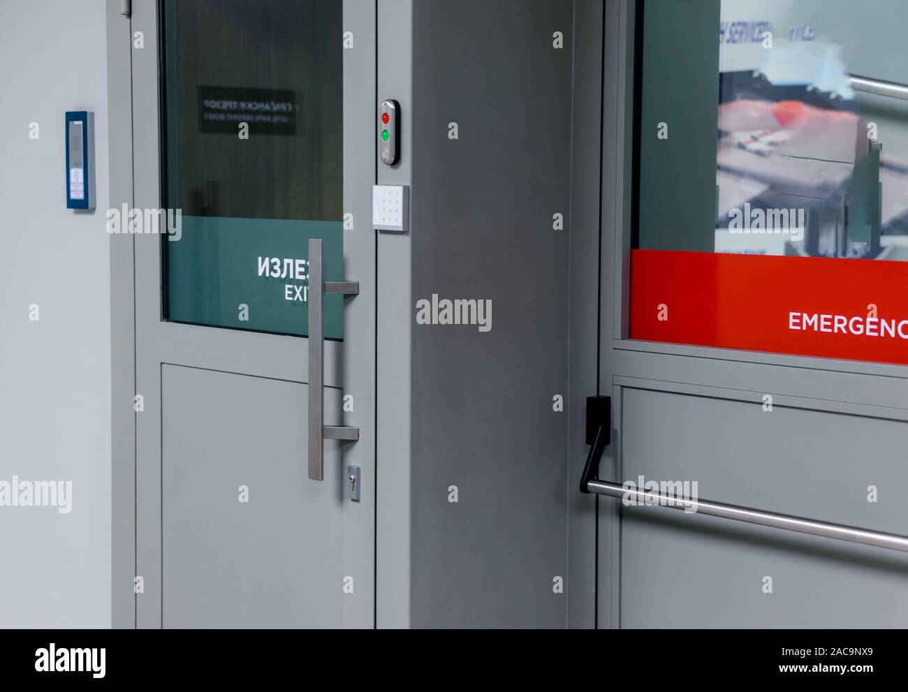 Exit and emergency exit doors with access control numeric keypad at ...