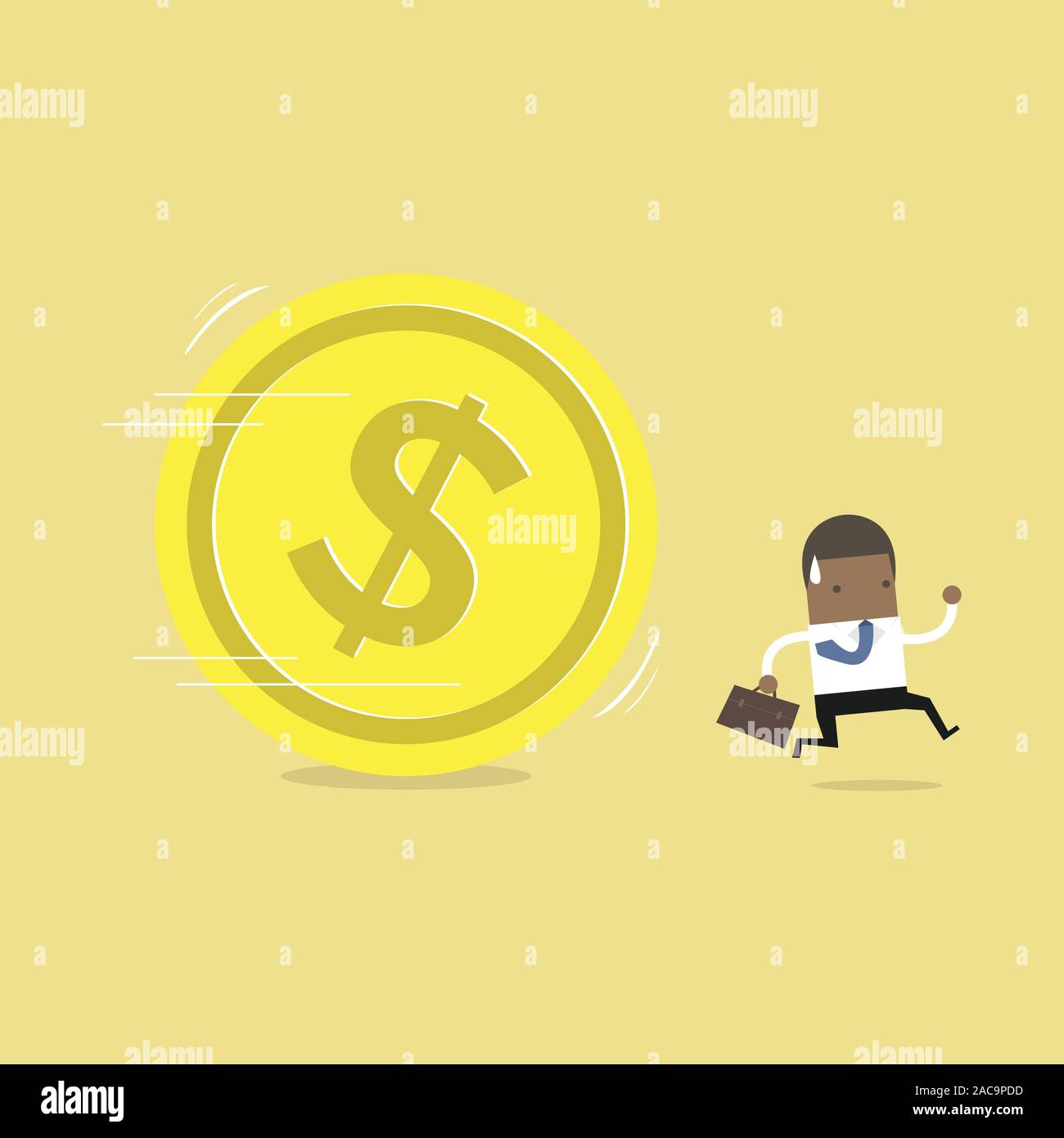 African businessman running away from huge golden dollar coin Stock ...