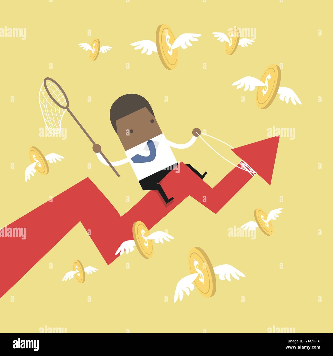 African businessman riding success arrow graph catch flying coins Stock ...