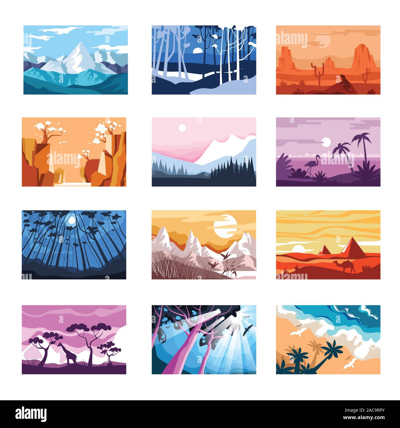 Nature landscapes isolated icons, mountains and beach, sunset and night ...