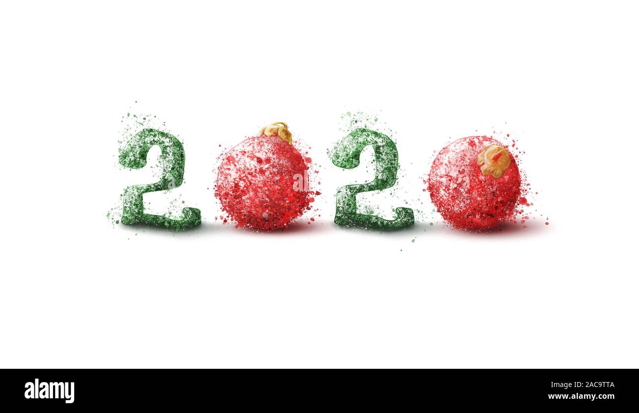 Hand drawn 2020 number, with red and green colors and splash effect ...