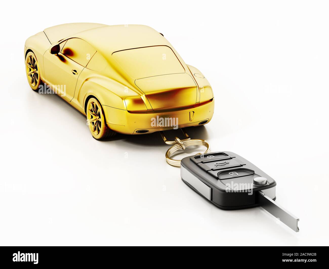 Car remote key connected to golden luxury car model. 3D illustration ...