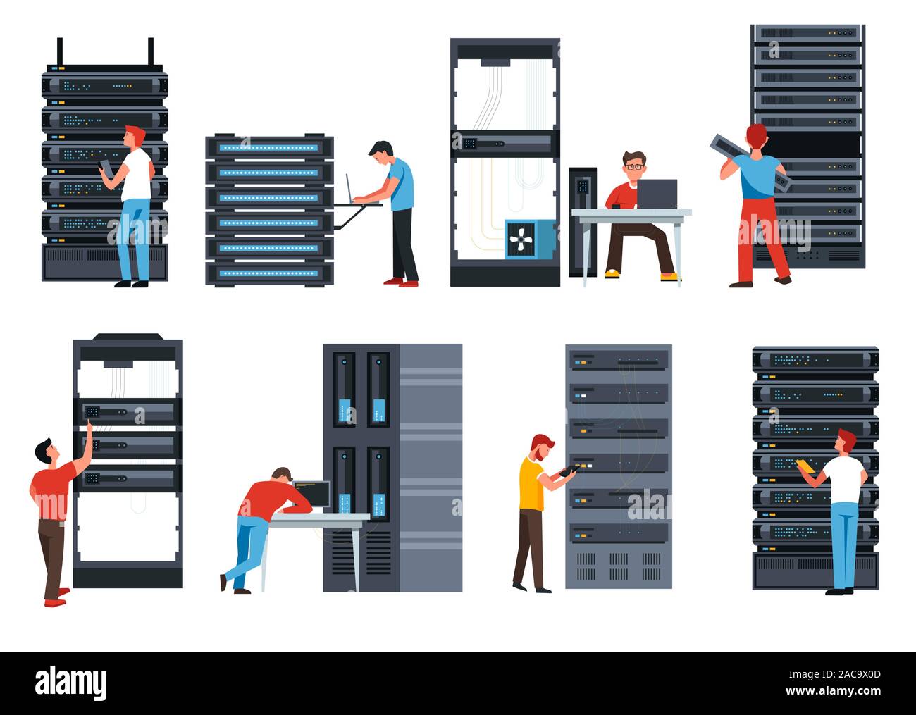 Server racks, digital information and data center isolated icons Stock ...