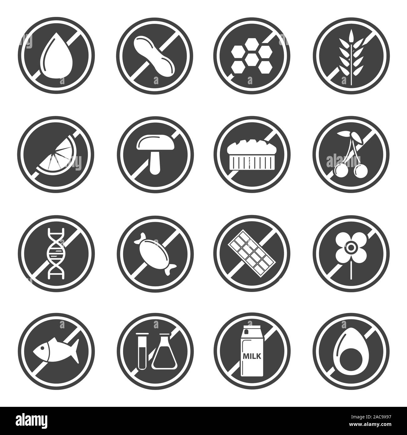 Ban and prohibition, restricted products, food isolated icons Stock ...