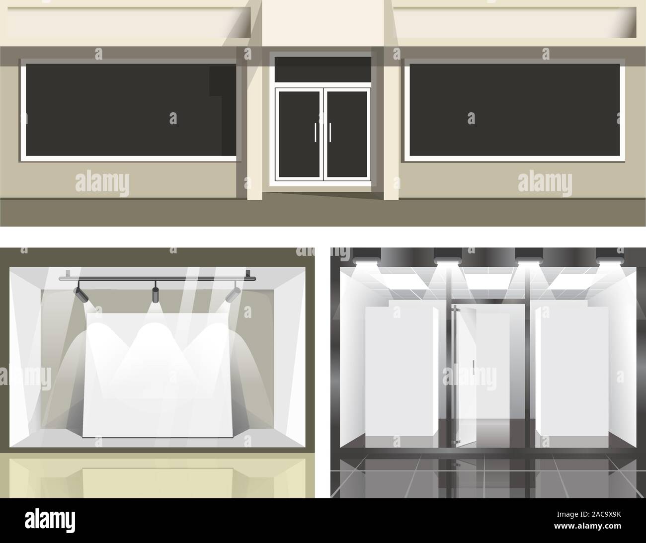 Shopping windows, glass showcase and podium for products, shop exterior ...