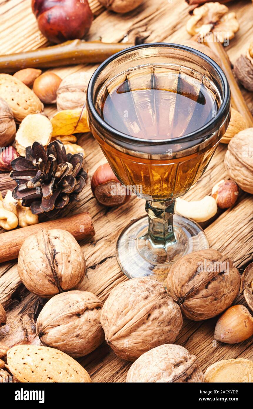 Aromatic alcohol from nuts.Nut liquor.Tincture on nuts.Italian liquor ...