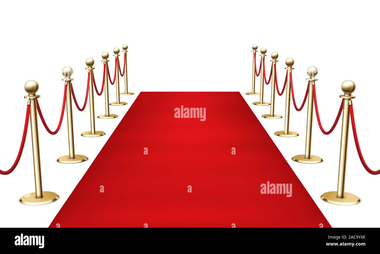 Red carpet with golden barrier fencing realistic 3d vector illustration ...