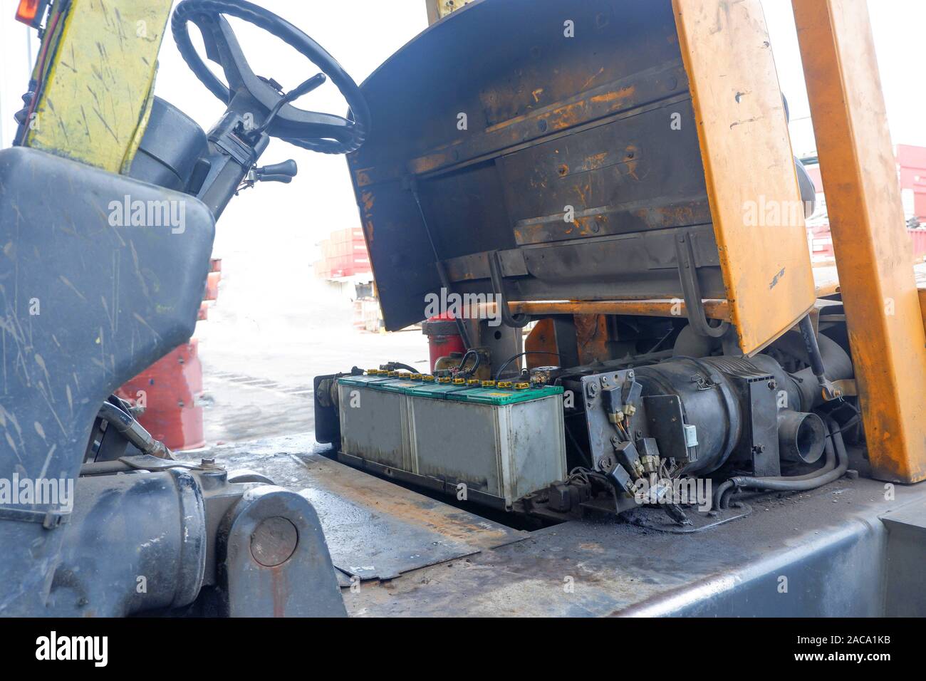 Forklift engine, waiting for repair Stock Photo - Alamy