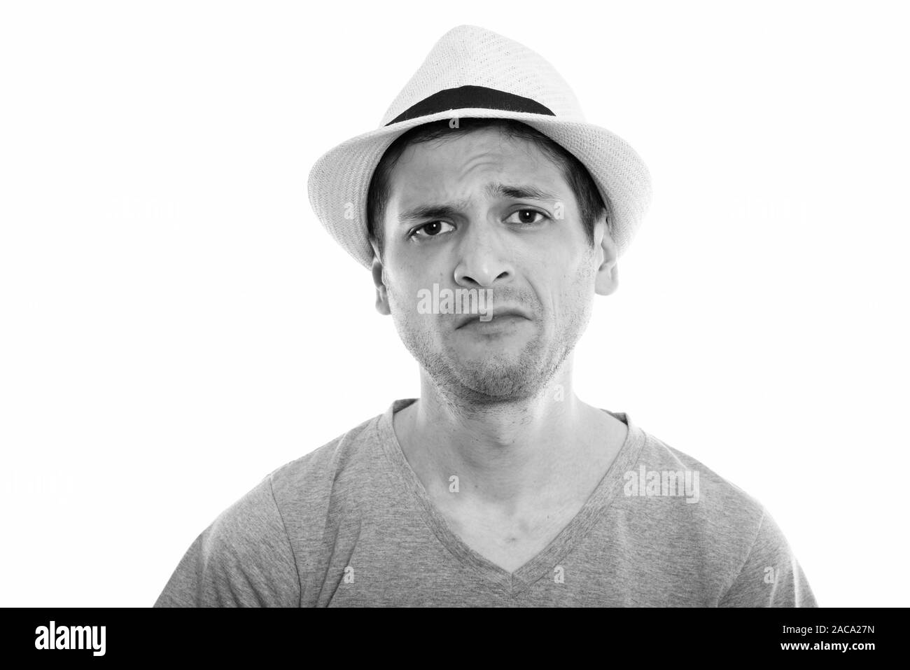 Portrait young tourist man wearing Black and White Stock Photos ...
