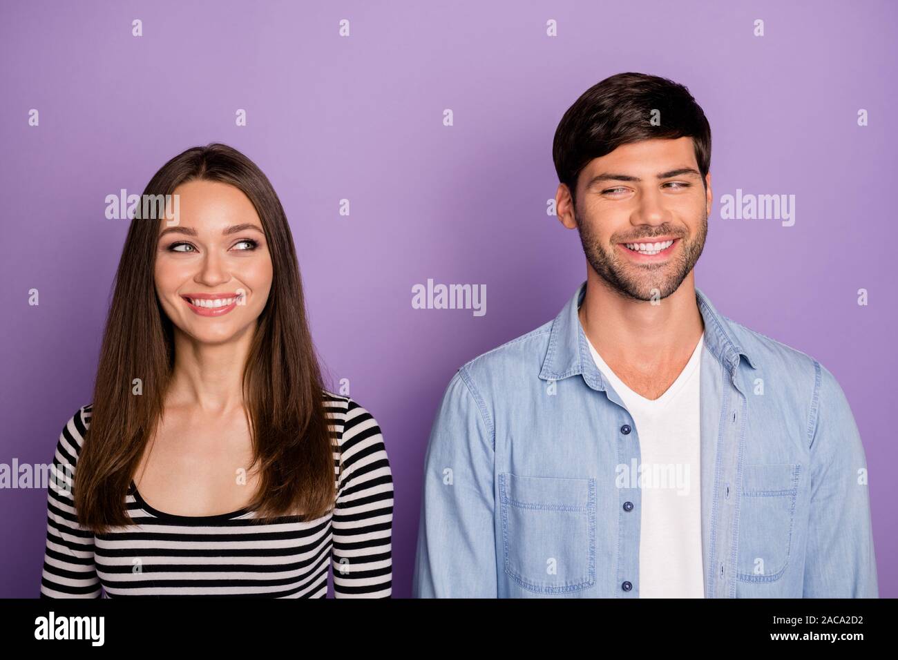 Photo of two people couple looking eyes each other have creative tricky ...