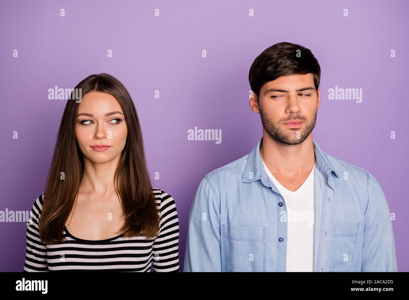 Photo of two people couple looking distrustful each other have creative ...