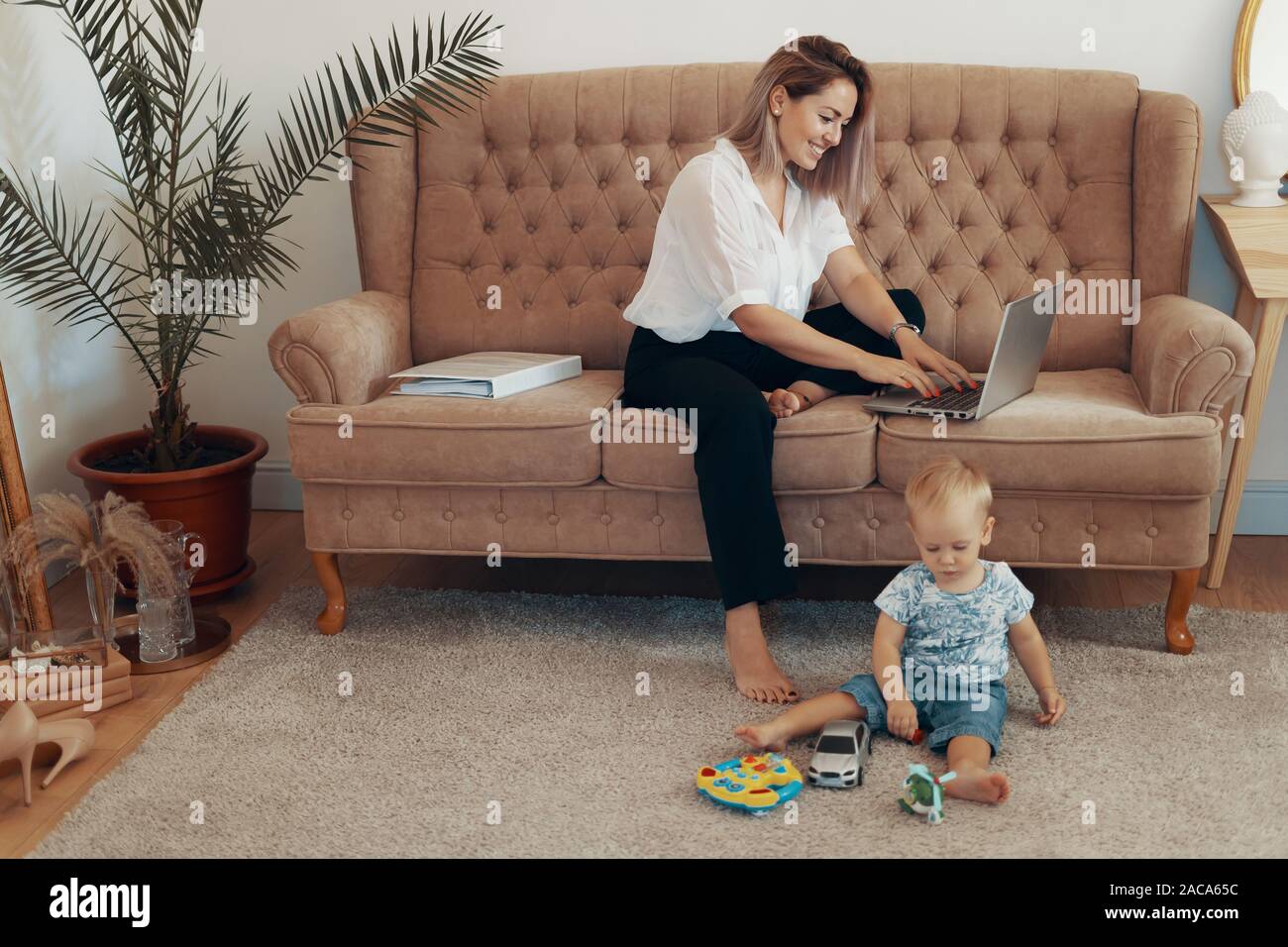 Beautiful Business Woman Working At Home Multi Tasking Freelance And