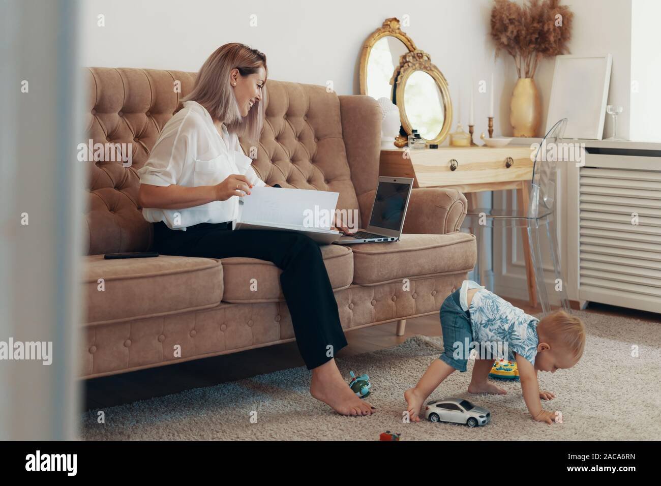 Beautiful Business Woman Working At Home Multi Tasking Freelance And