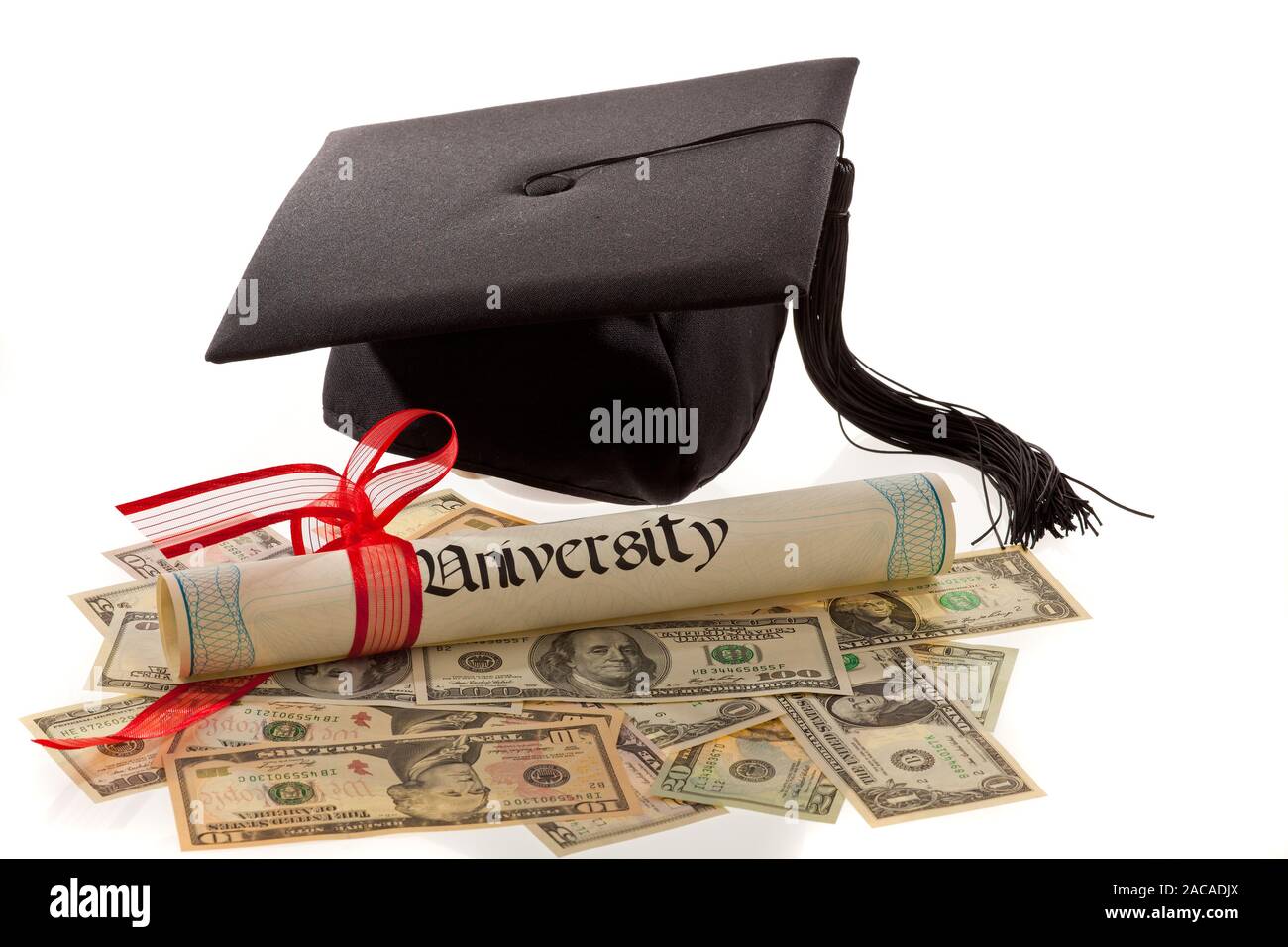 Doctor's hat and dollars. Education costs in America Stock Photo - Alamy