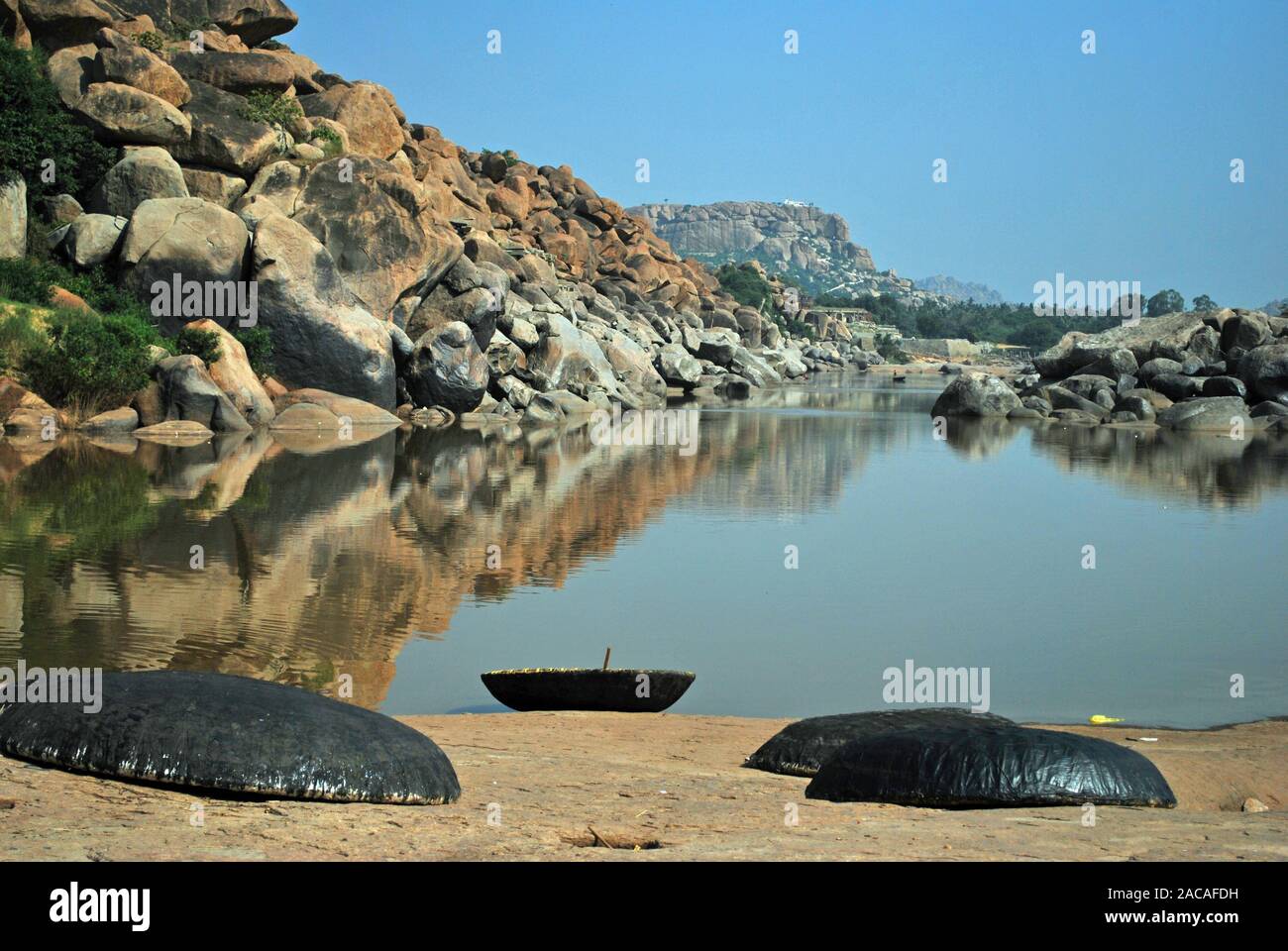 Basket boats (Coracle) on the Tungabhadra in Hampi, Karnataka, South ...