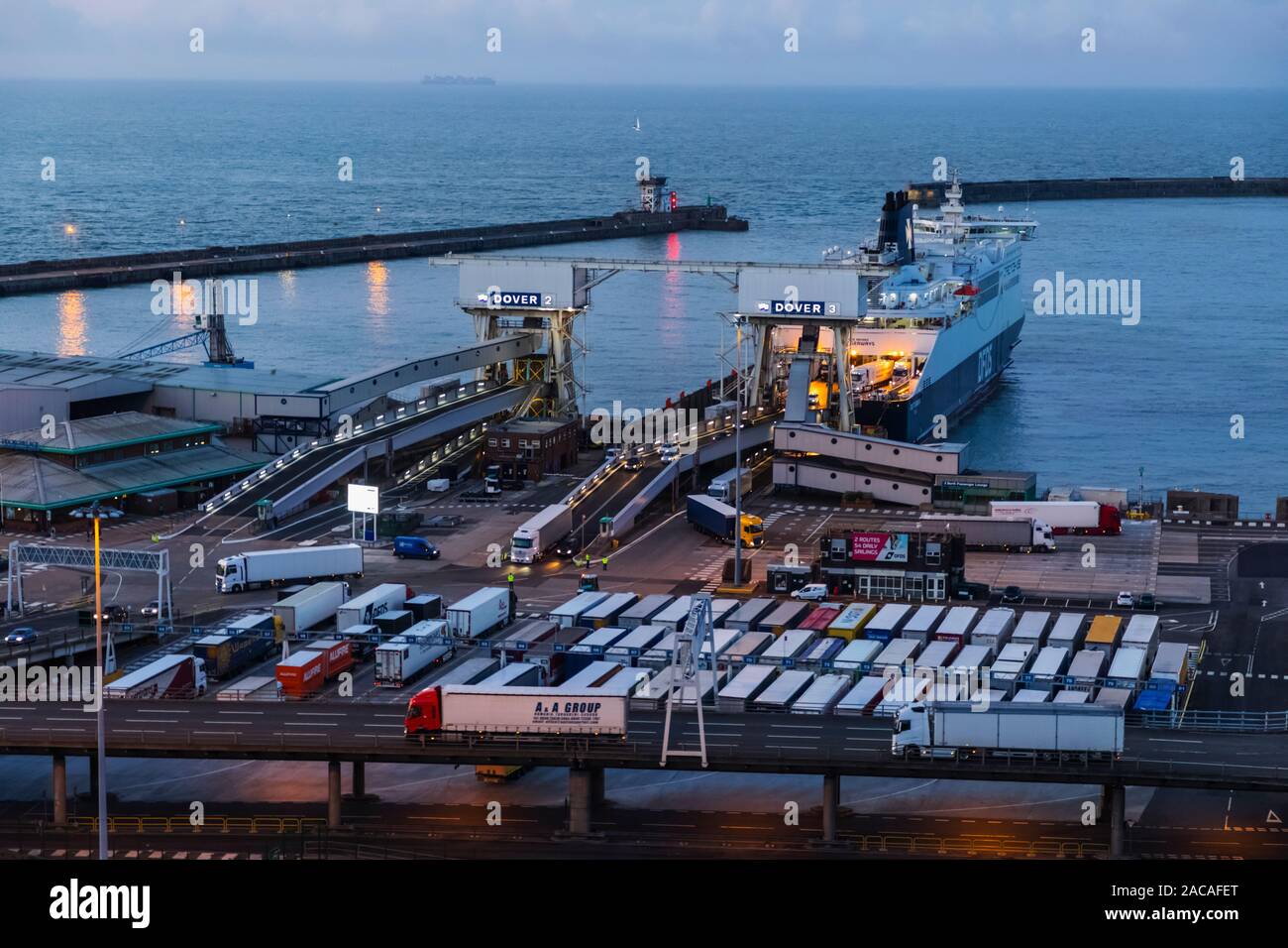 England, Kent, Dover, Dover Docks, Freight Trucks Unloading from Cross ...