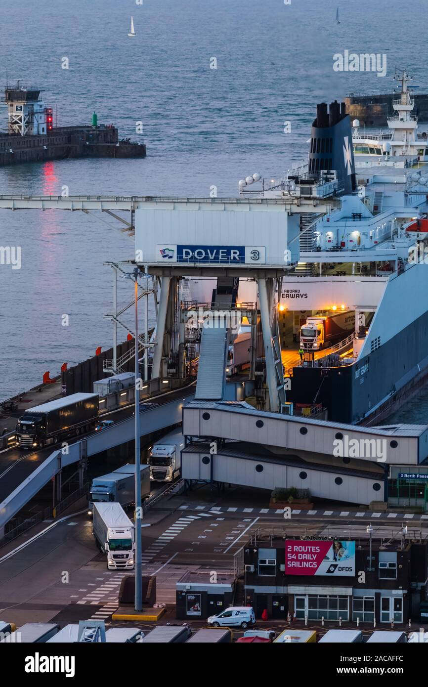 England, Kent, Dover, Dover Docks, Freight Trucks Unloading from Cross ...