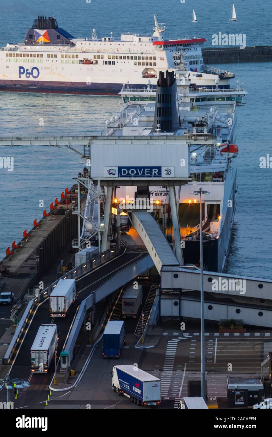 England, Kent, Dover, Dover Docks, Freight Trucks Loading onto Cross ...