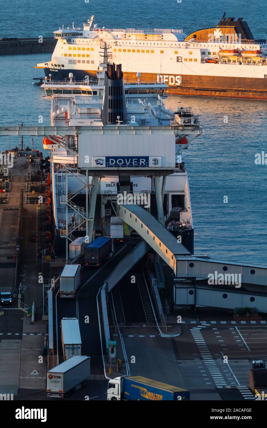 England, Kent, Dover, Dover Docks, Freight Trucks Loading onto Cross ...