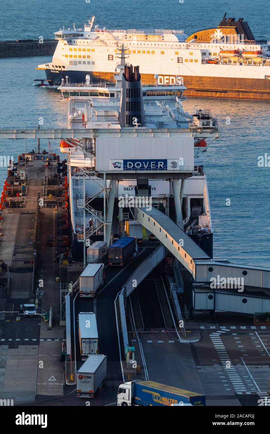 England, Kent, Dover, Dover Docks, Freight Trucks Loading onto Cross ...