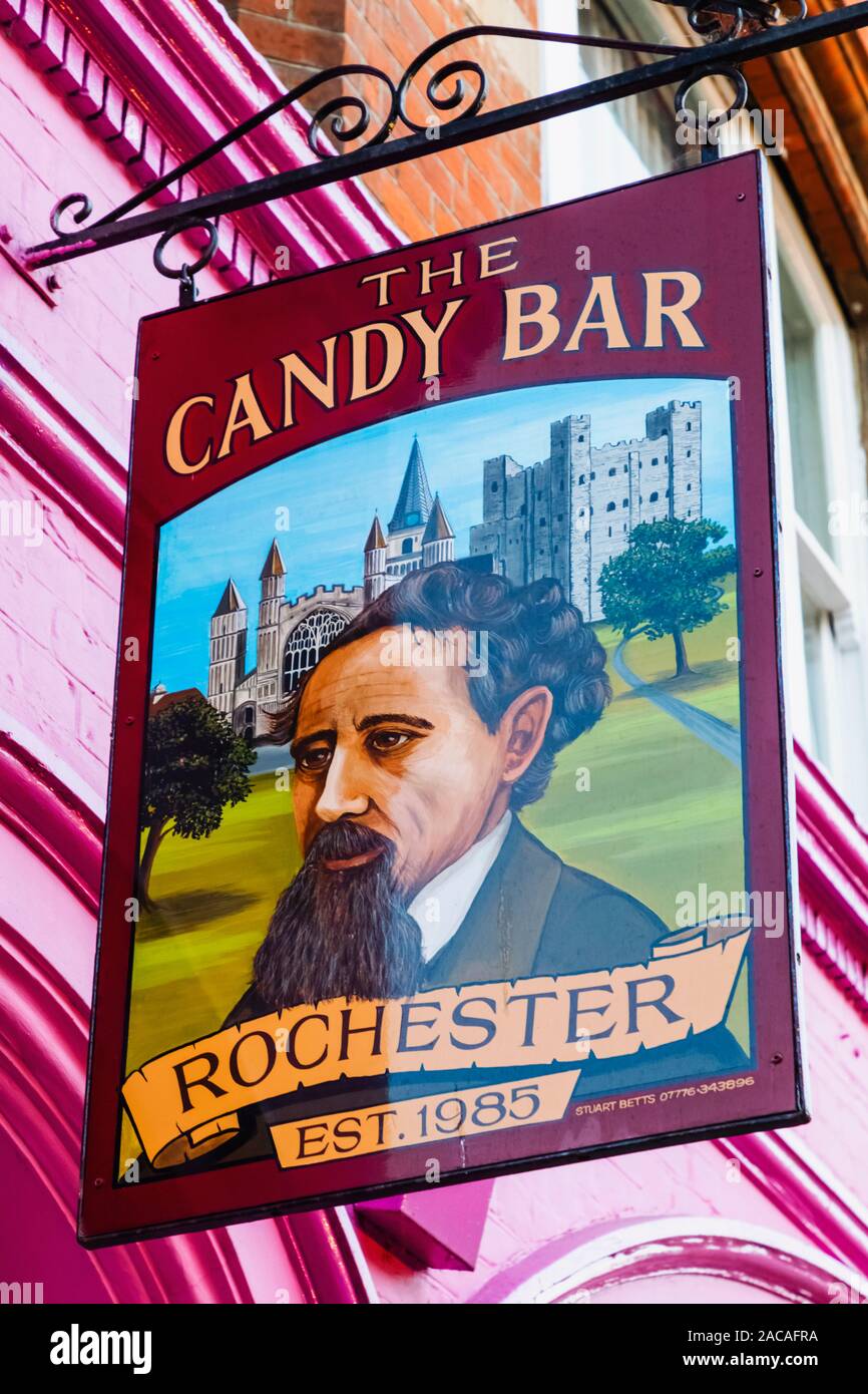 England, Kent, Medway, Rochester, The Candy Bar Sweet Shop Sign showing ...