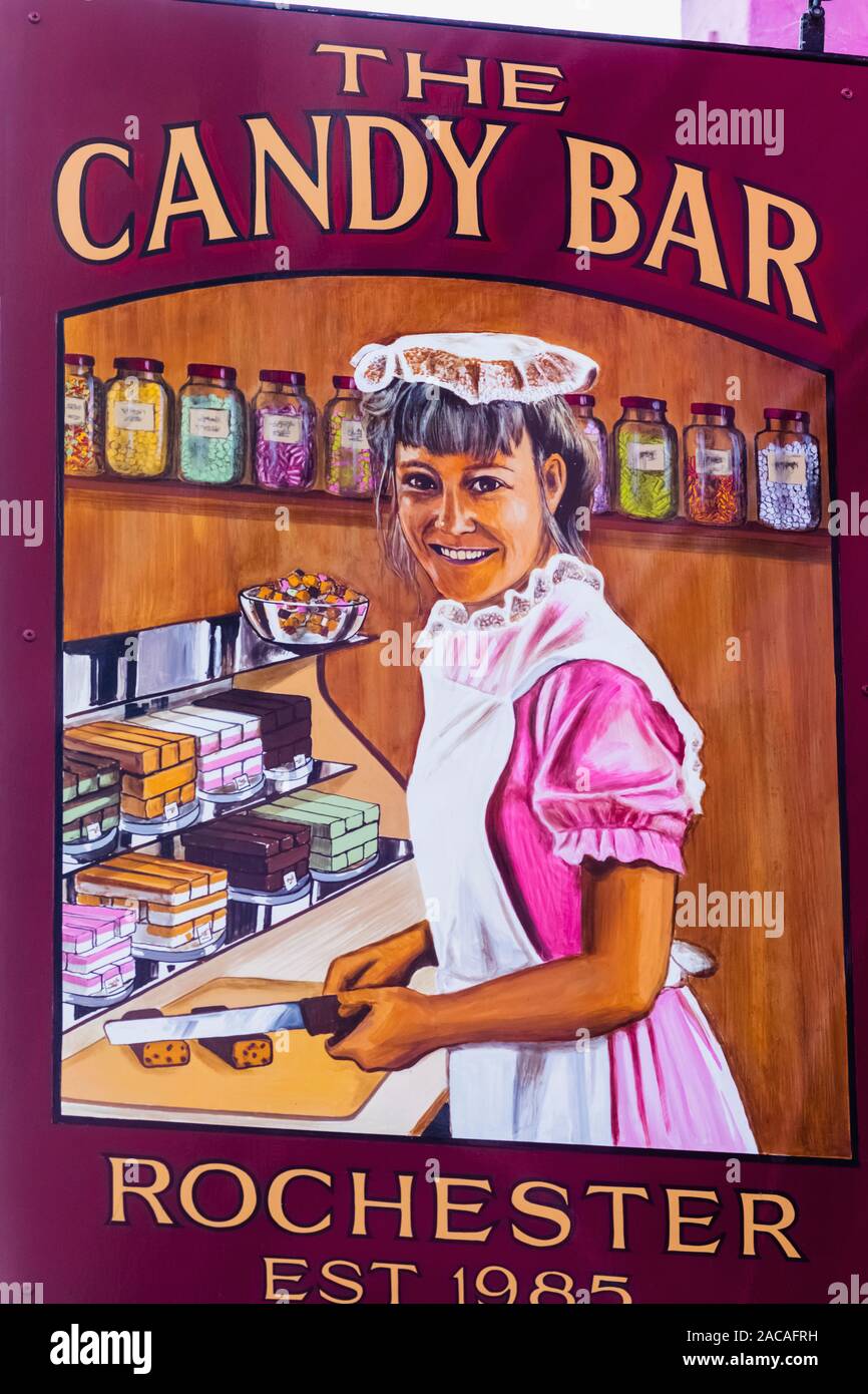 England, Kent, Medway, Rochester, The Candy Bar Sweet Shop Sign showing ...