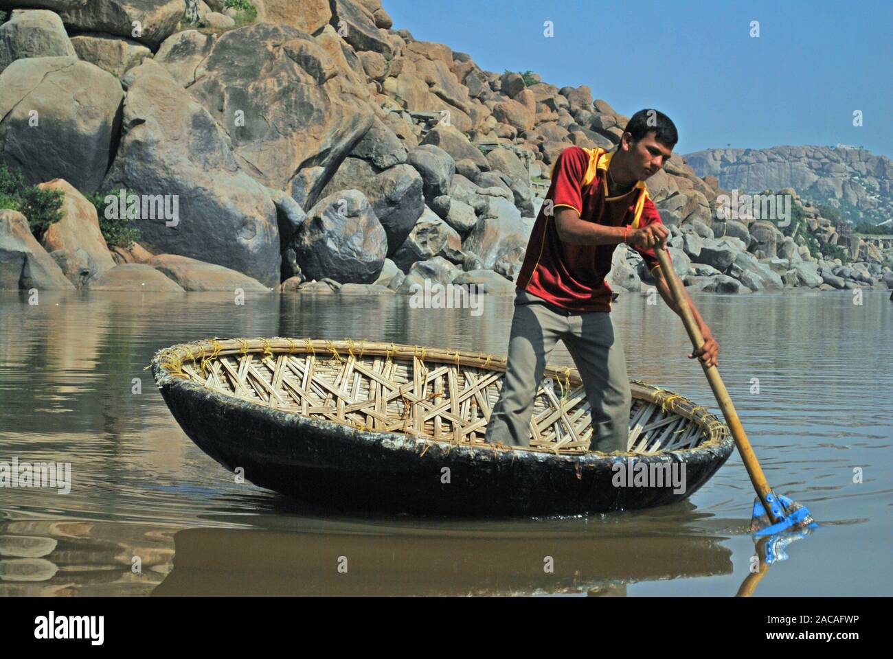 Basket boats (Coracle) on the Tungabhadra in Hampi, Karnataka, South ...