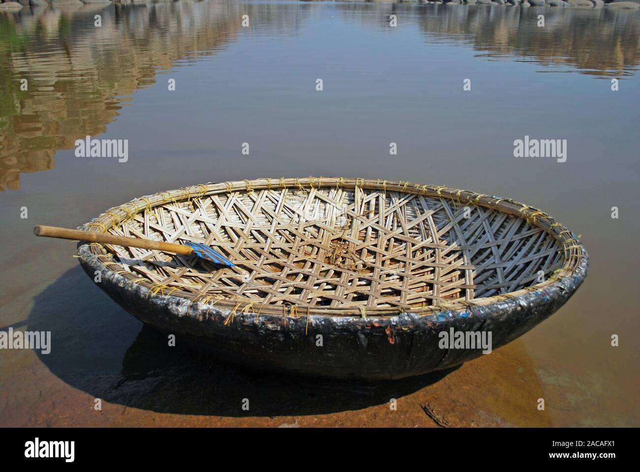 Basket boats (Coracle) on the Tungabhadra in Hampi, Karnataka, South ...