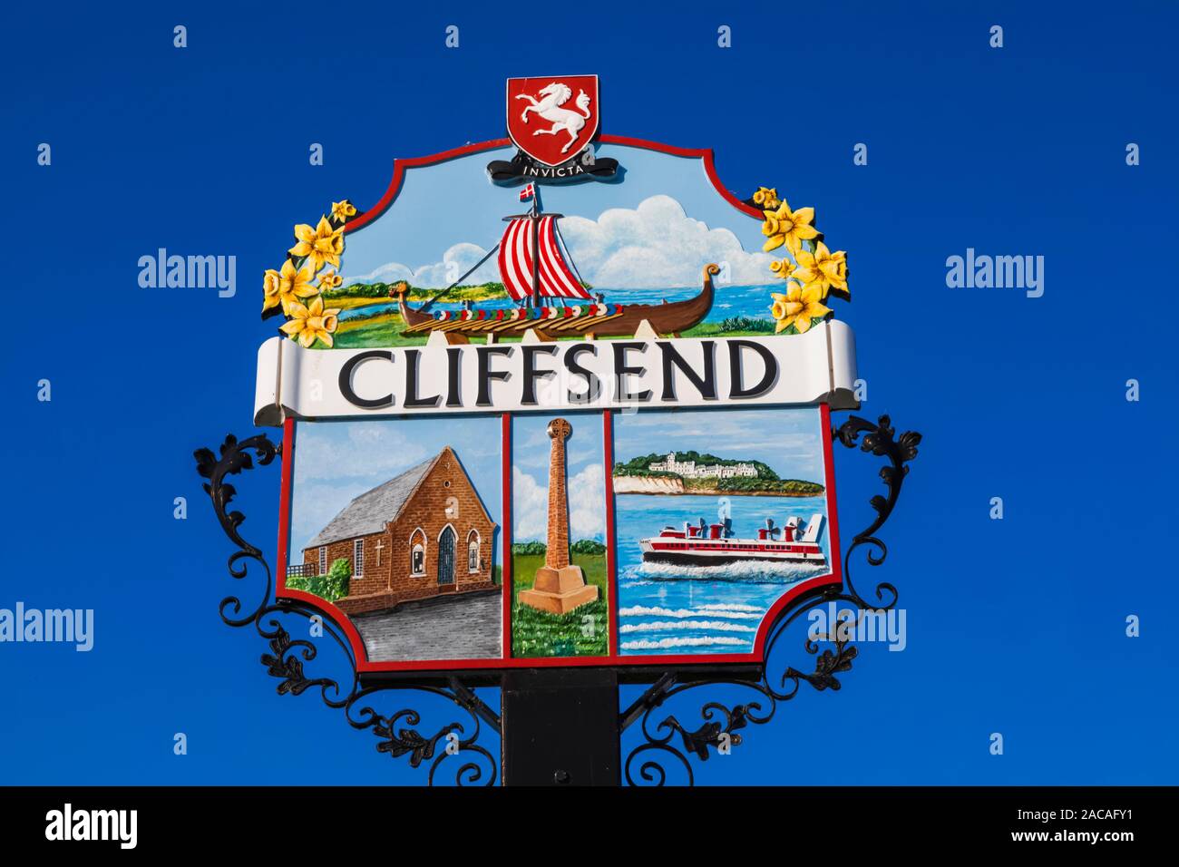 England, Kent, Ramsgate, Cliffsend, Cliffsend Village Sign Stock Photo ...