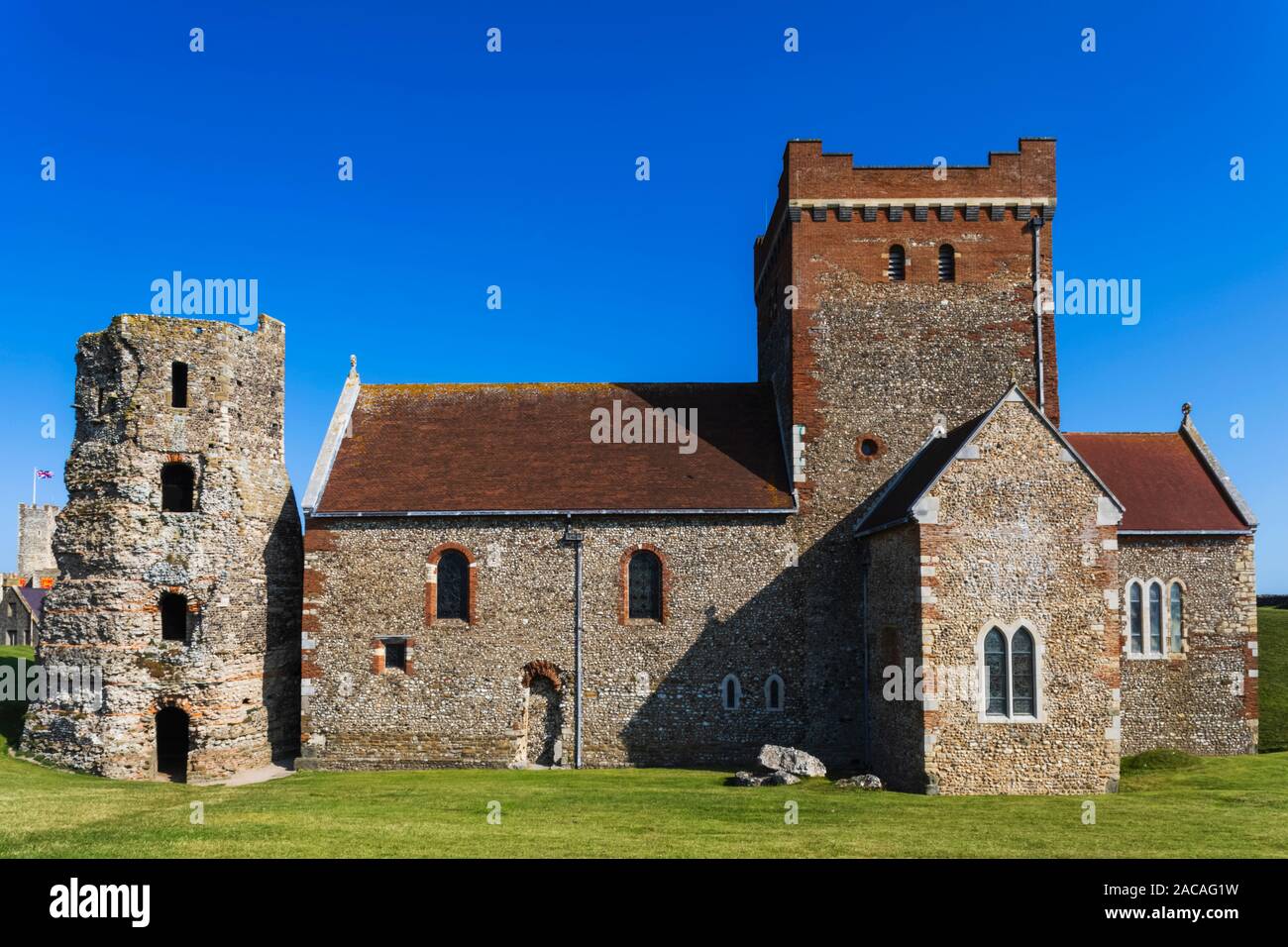 England, Kent, Dover, Dover Castle, The Roman Lighthouse and St Mary-in ...