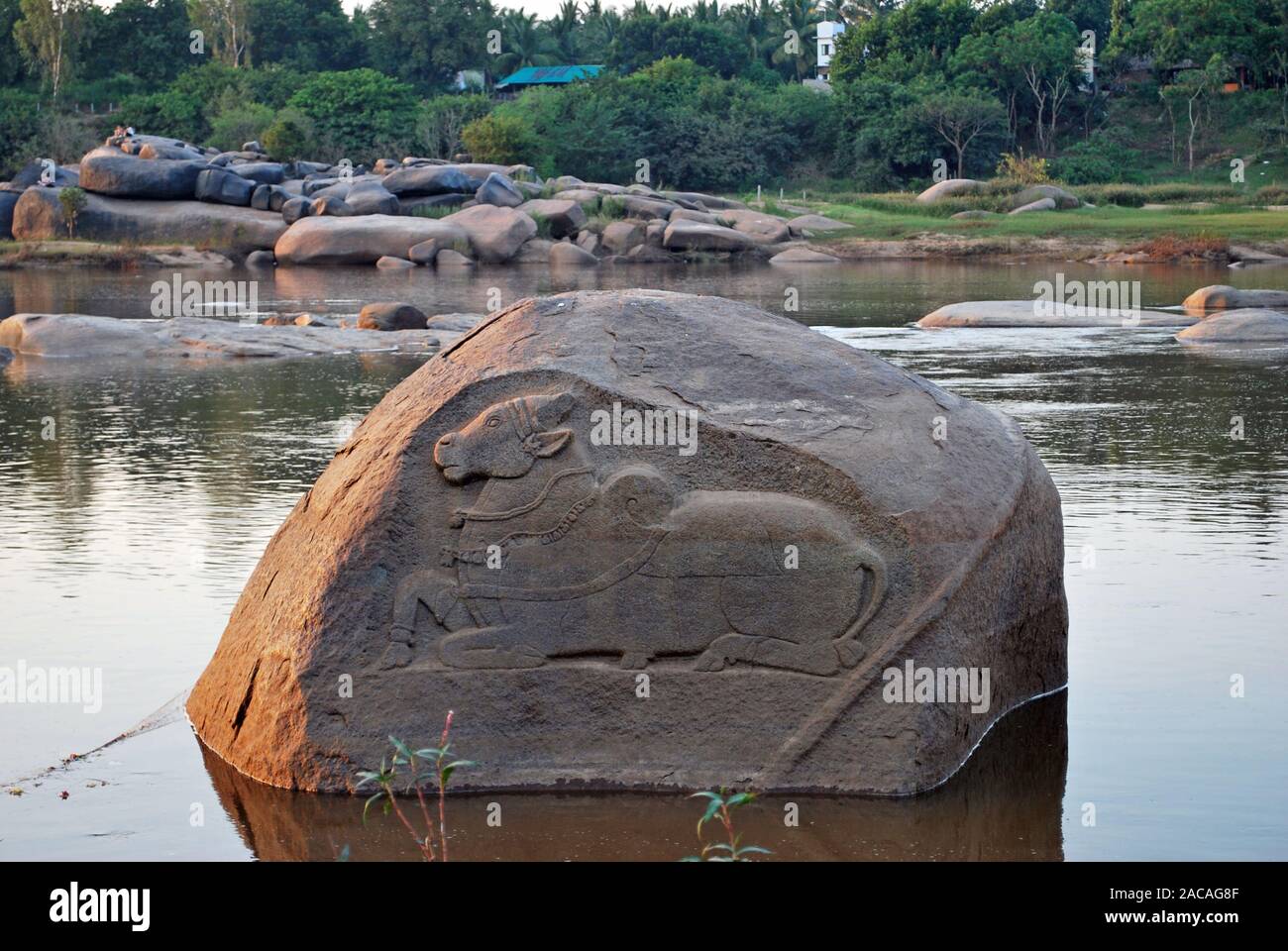 Rock drawing with Nandi bull, mount of Shiva, Hampi, South India, Asia ...