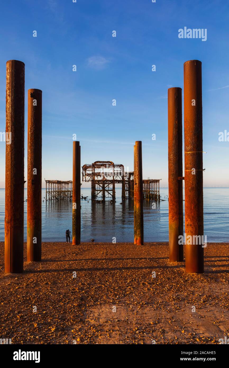 England, East Sussex, Brighton,,Brighton Beach, The Ruins of West Pier ...